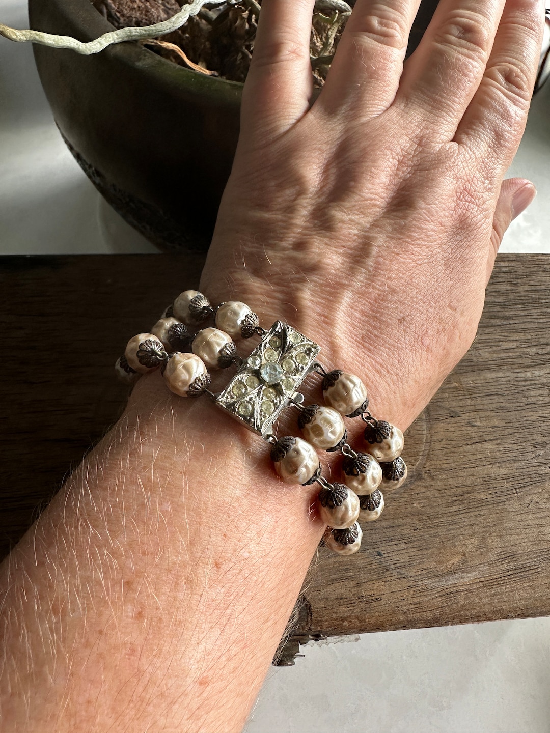Antique Assemblage Three Strand Bracelet With Vintage Rhinestone Clasp ...