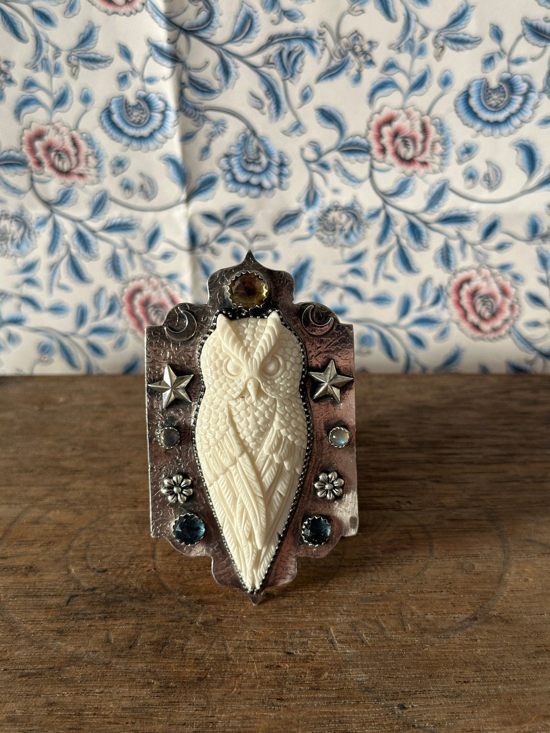 ATHENA Artisan Handmade Art Jewellery Necklace Sterling Silver Carved Owl Moon Stars Mystical ...