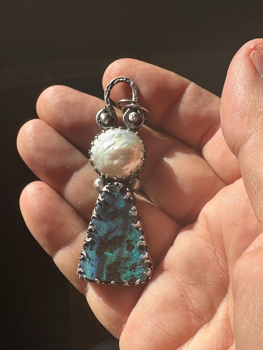 Handmade Sterling Silver Necklace: Australian Boulder Opal & Coin Pearl ...