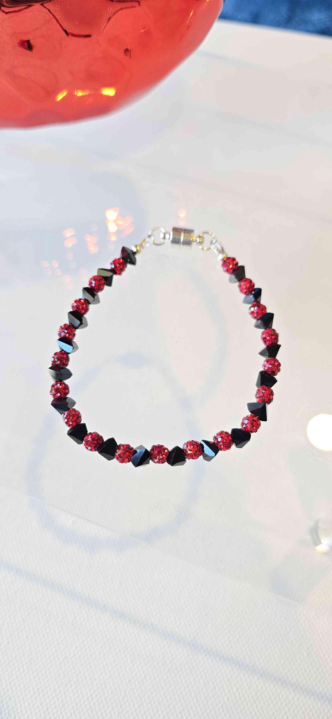Ruby Red Rhinestone & Crystal Triangle Bead Bracelet With Magnetic ...