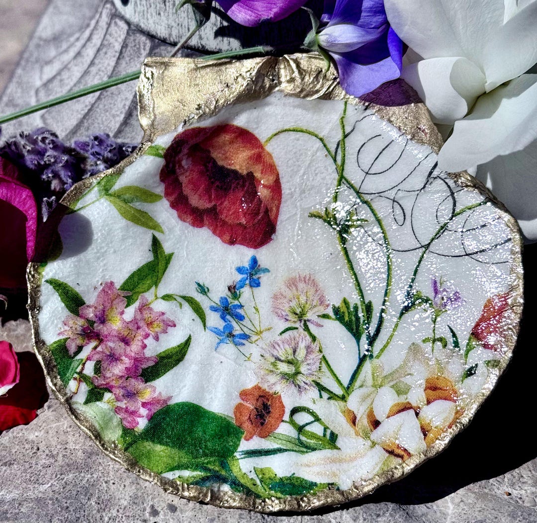 Poppy Flowerdecoupaged Shell, Decoupaged Shell, Tropical Flower Shell ...