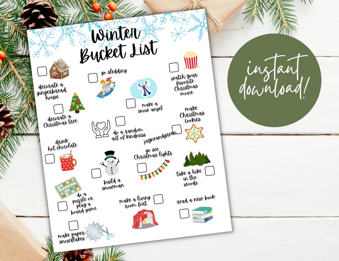 Winter Bucket List Printable, Christmas Bucket List Instant Download ...