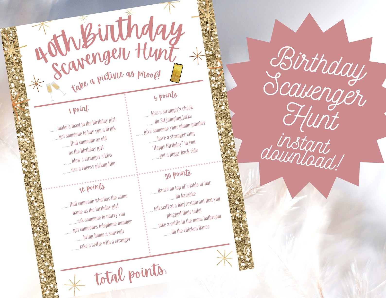 40th Birthday Scavenger Hunt, Pink & Gold Party Game (PDF) - Etsy