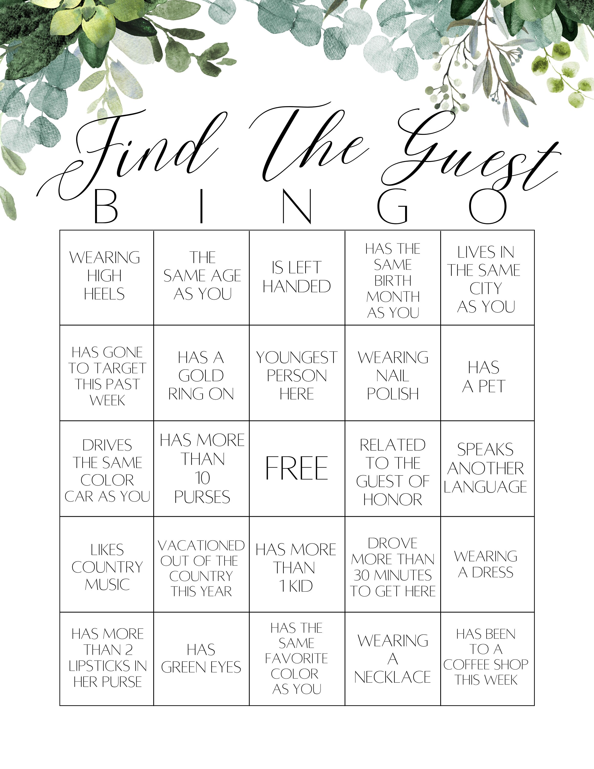 Find the Guest Bingo Printable, Baby Shower Game, Bridal Shower Game ...