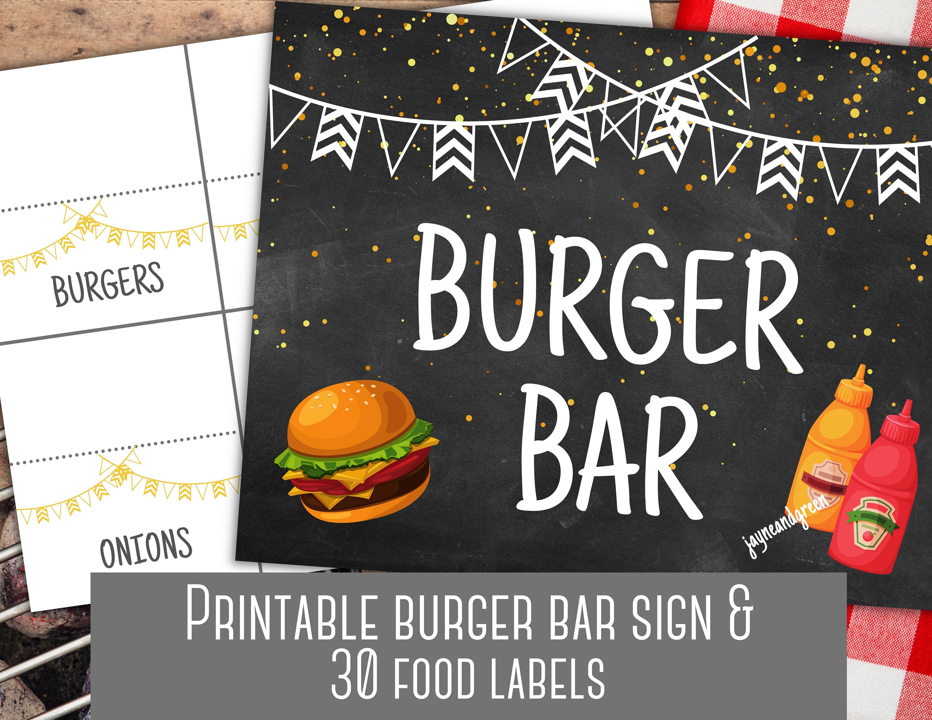 Burger Bar Sign Printable, Burger Bar Food Labels Printables, Hamburger ...