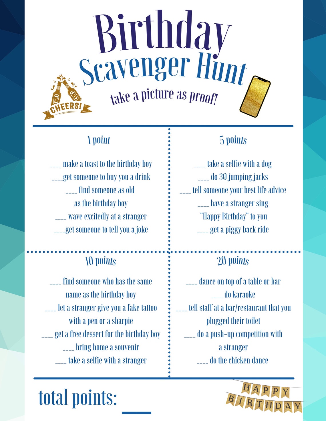 Men's Birthday Scavenger Hunt, Adult Birthday Party Game, Masculine Bar ...