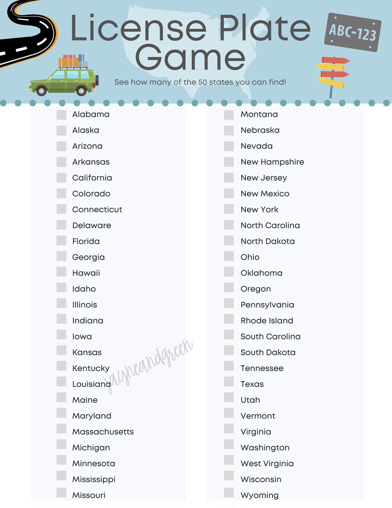 License Plate Game Printable Road Trip Car Game License - Etsy