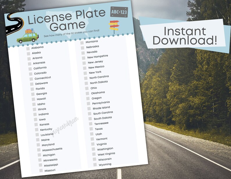 License Plate Game Printable Road Trip Car Game License - Etsy