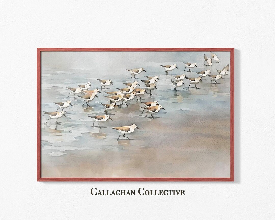 Ocean Bird Landscape Wall Art, Watercolor Painting of Sanderlings on ...