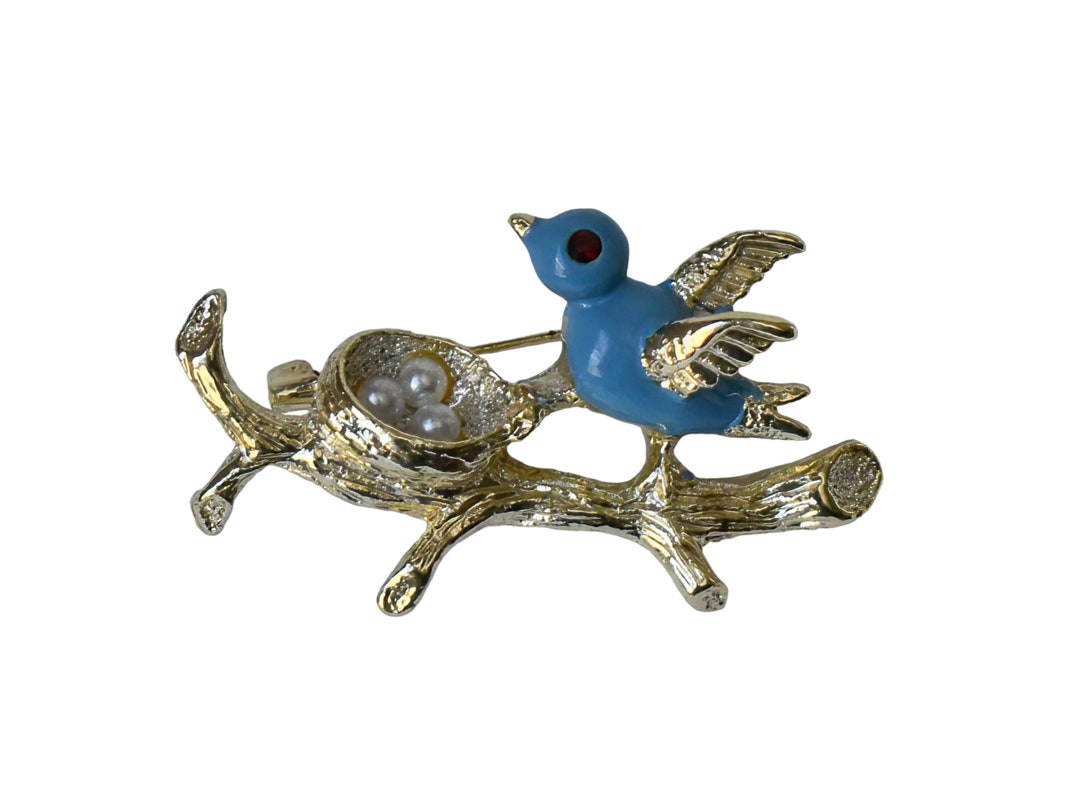 1960s Gerry's Blue Enamel Bird Faux Pearls Eggs in Nest Vintage Mid ...