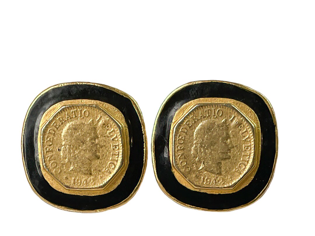 1980s Matte Gold Plated Metal Black Enamel Vintage Ancient Roman Coin ...