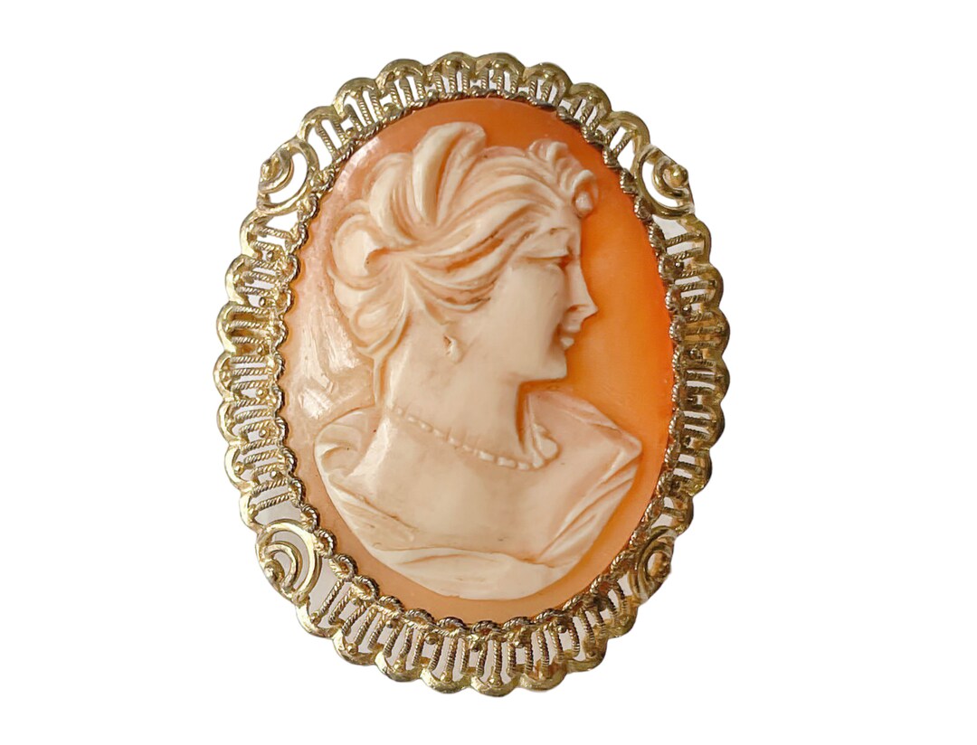 1980s Victorian Inspired Carved Shell & Resin Sterling Vermeil Filigree ...