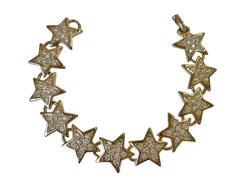 1990s Signed MOD Polished Gold Plate Pave Set White Rhinestones Vintage ...