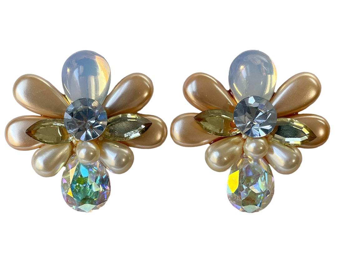1980s Wendy Gell Opal Blue White Crystal Rhinestone Faux Pearls Vintage ...