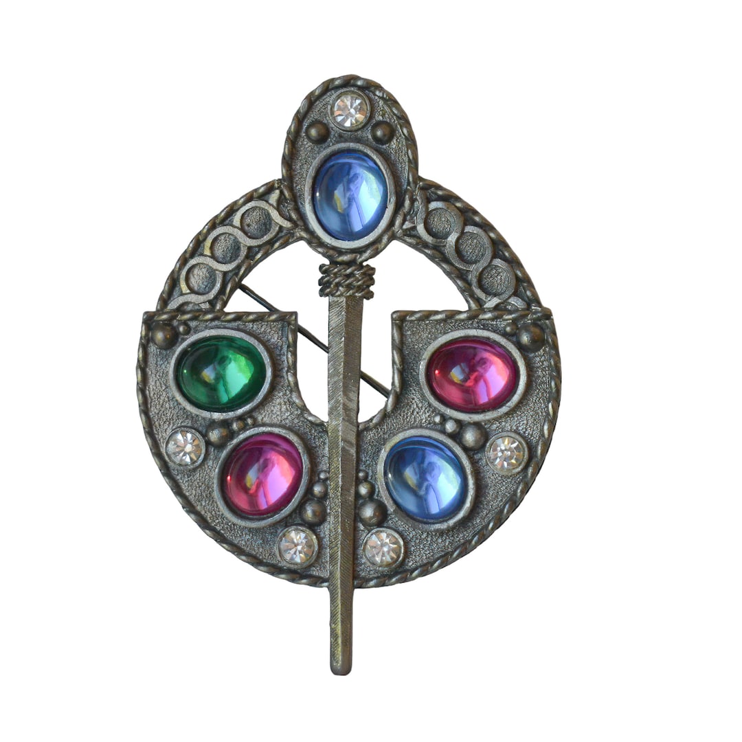 Épingle bleue en métal ton étain et cabochons verts en strass blancs vintage, broche Tara ...