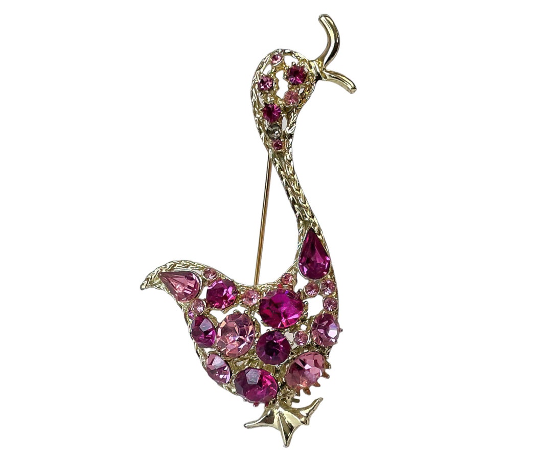 1980s Gold Plate Filigree Light & Dark Pink Rhinestone Vintage Quacking ...