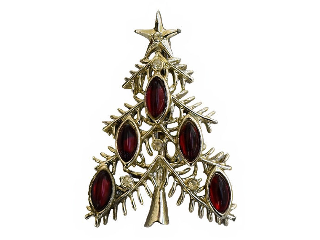 Vintage Tancer II Christmas Tree Brooch: Red Glass & Rhinestone Pin - Etsy