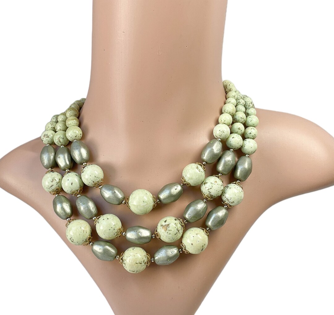 1960s Triple Double Strand Shades of Green Gold Specks Vintage ...