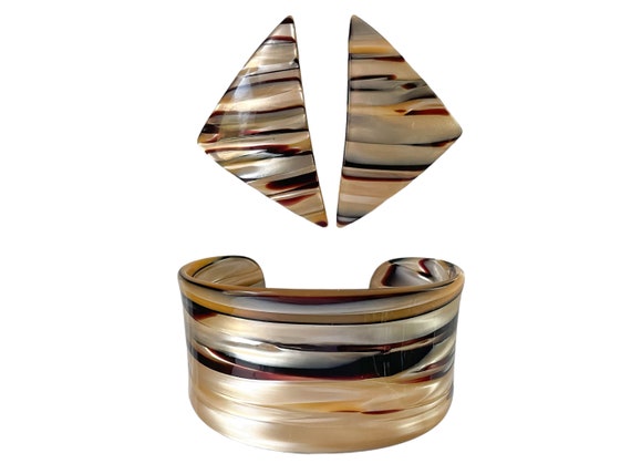 1990s Striped Cellulose Acetate Cuff Bracelet & Earri… - Gem