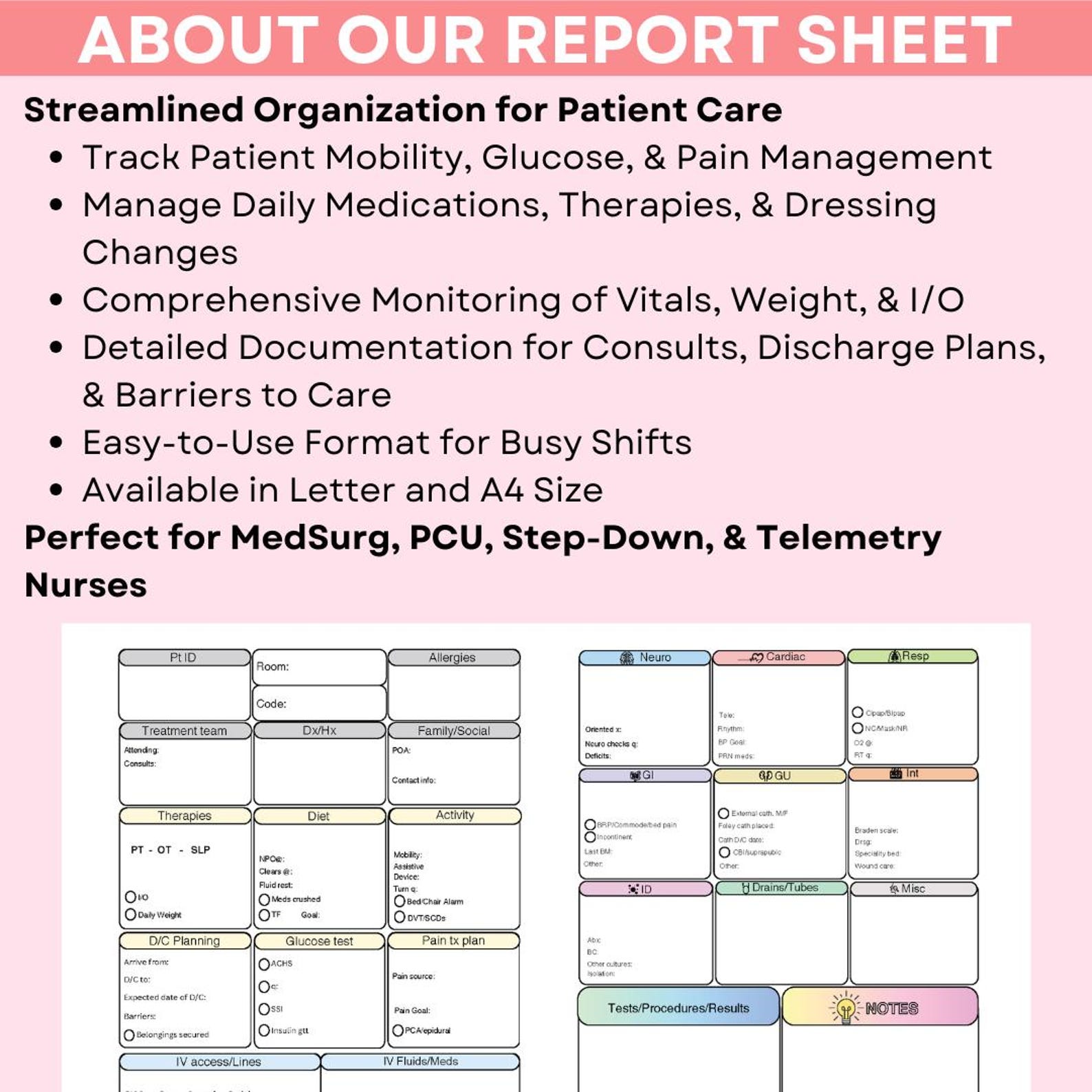 Medsurg Nurse Report Sheet PCU Nurse Report Shift, Medical Surgical ...