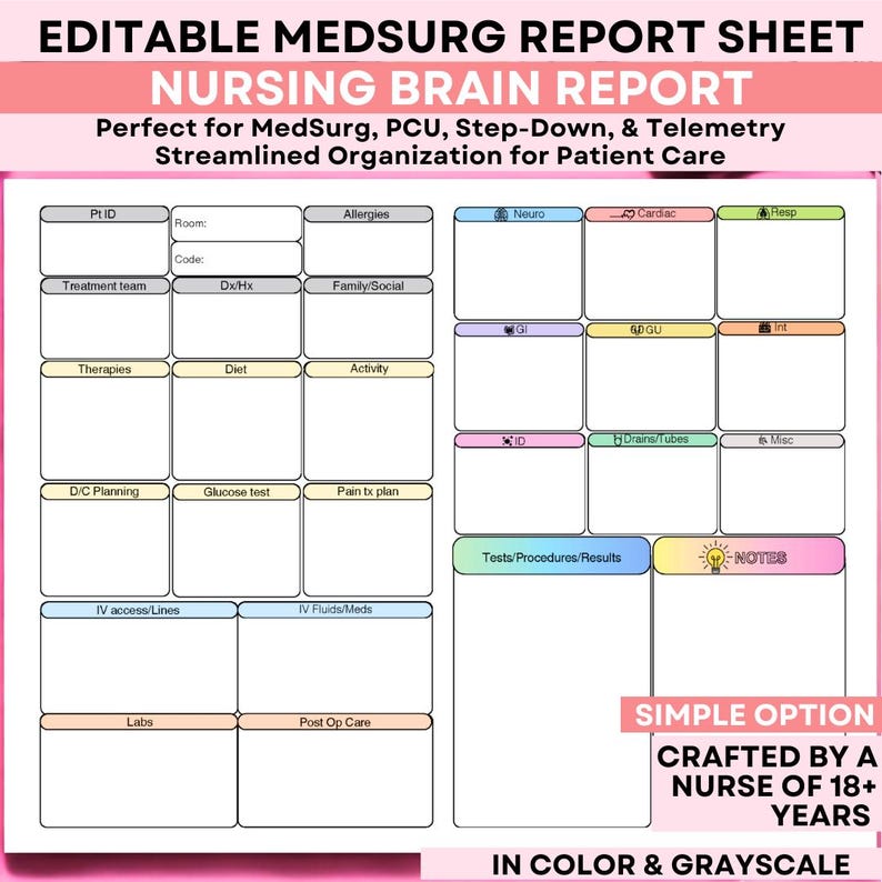 Medsurg Nurse Report Sheet PCU Nurse Report Shift, Medical Surgical ...