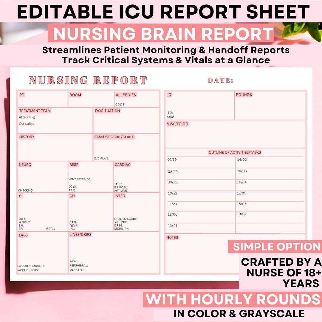 Editable ICU Nurse Report Sheet Simple,icu Nurse Brain Sheet,nurse ...
