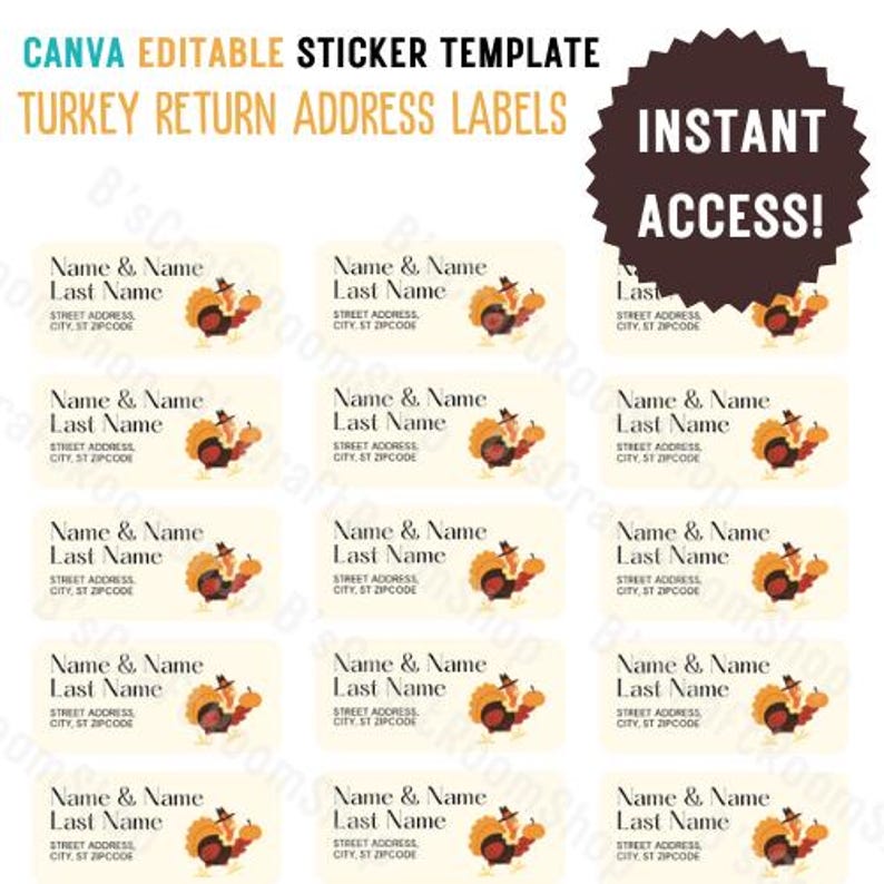 Turkey Tom Return Address Labelscanva Editable Template - Etsy