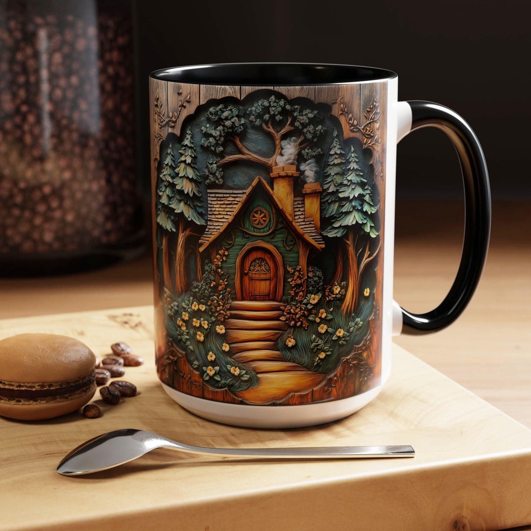 Cozy Cottage Carving Ceramic Mug, Cabin in the Woods Accent Mug, Wood ...