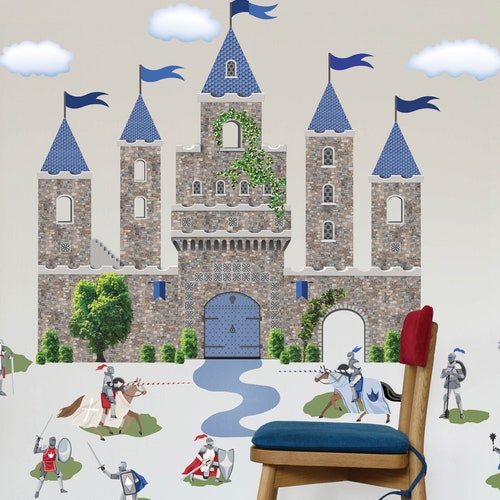Large Stone Medieval Castle Wall Decal With Blue Flags Wall - Etsy