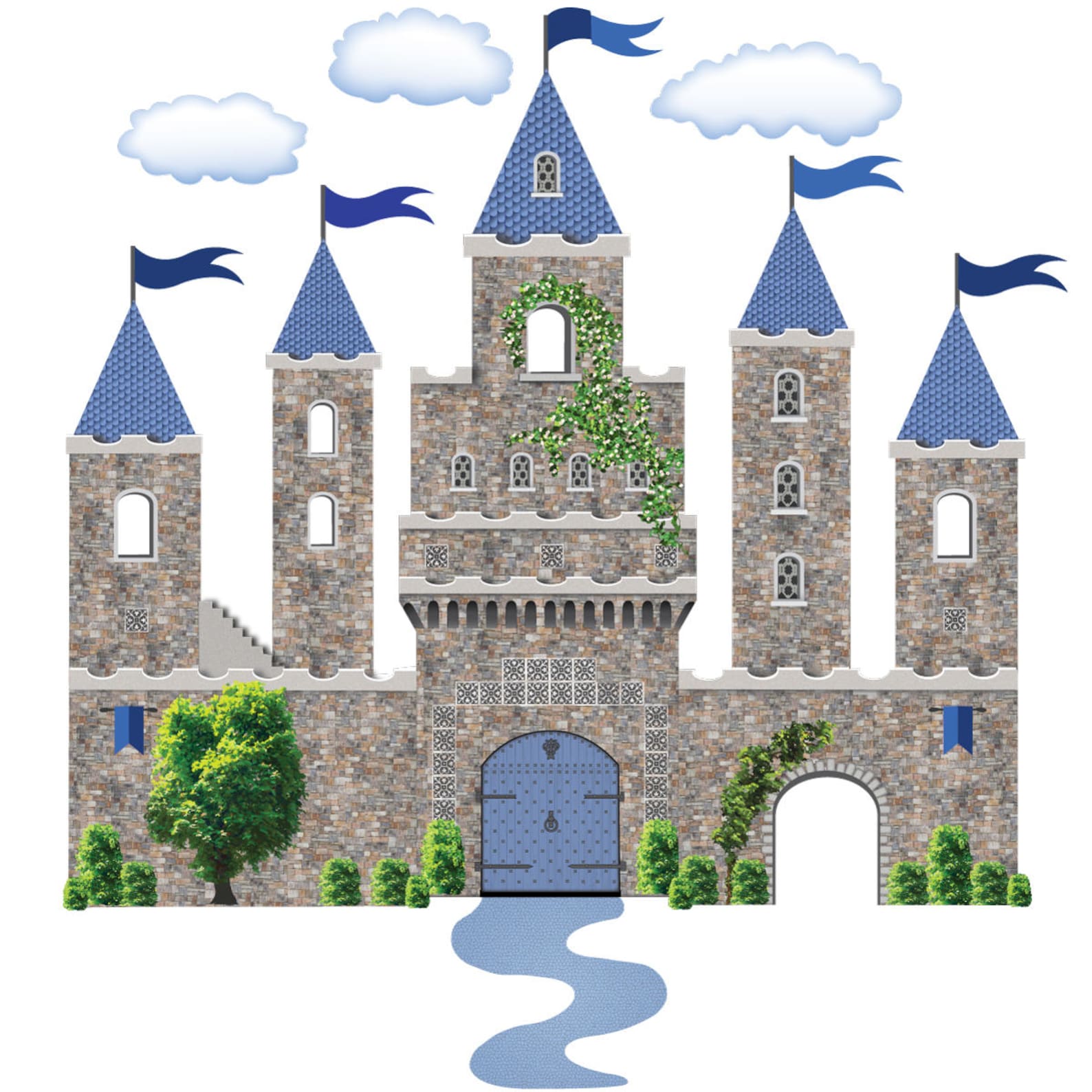 Large Stone Medieval Castle Wall Decal With Blue Flags Wall Decals ...
