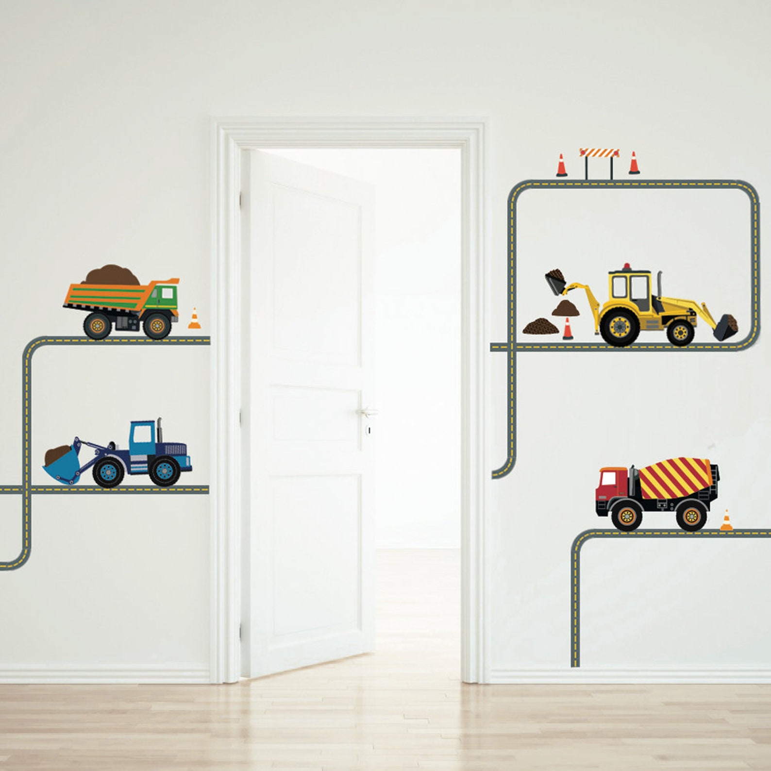 Multicolor Construction Vehicle Wall Decals With Straight and Curved ...