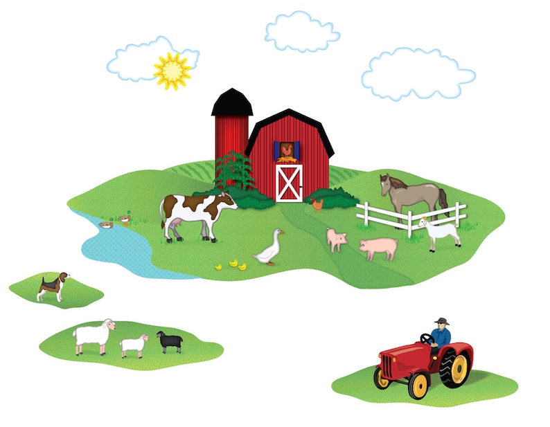 Farm Scene Plus Four Farm Vehicle Wall Decals & Straight Road, Peel and ...