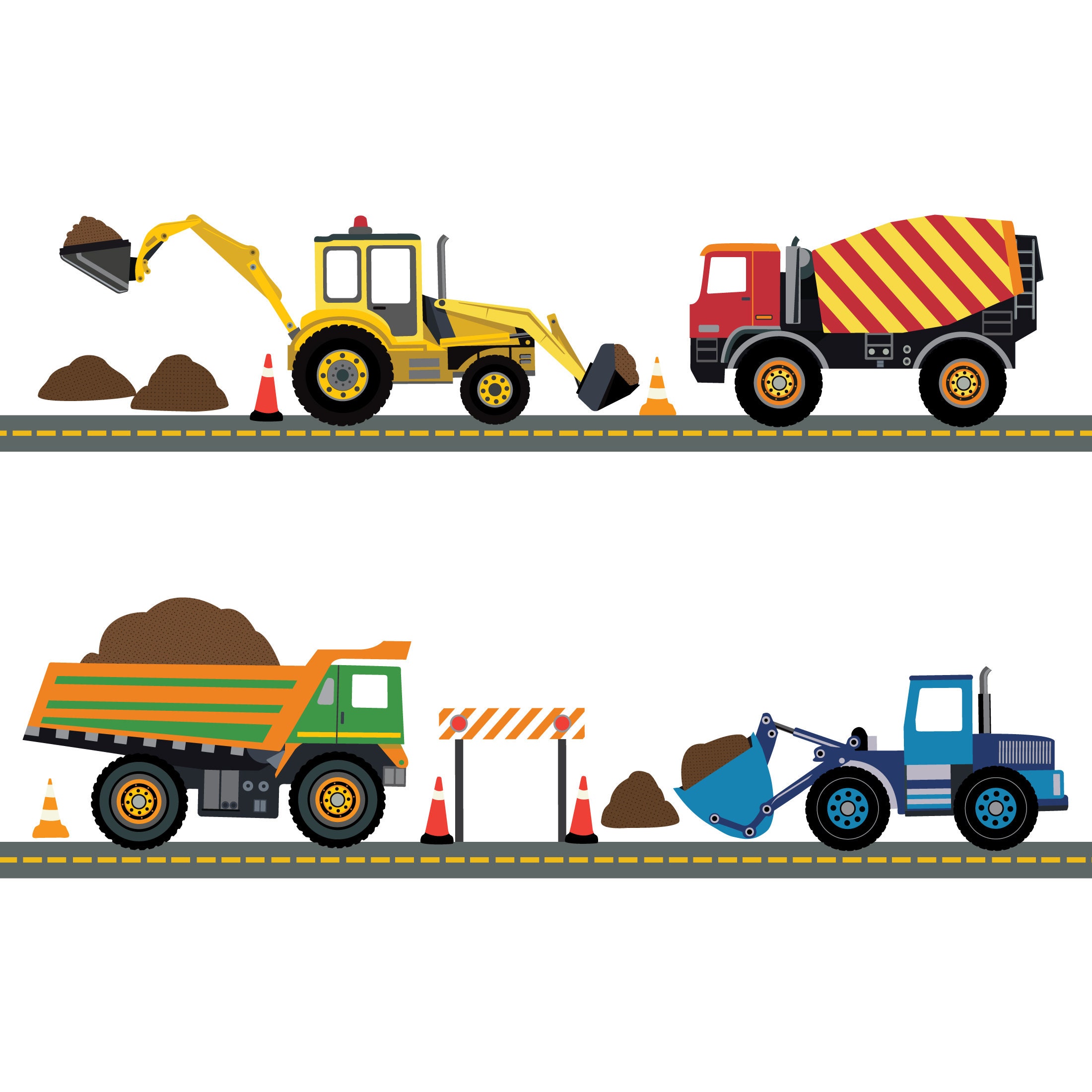 Multicolor Construction Wall Decals Four Construction Vehicles | Etsy