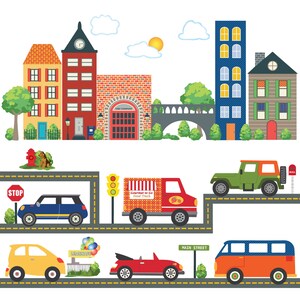 Transportation Town Wall Decals With Adventure Cars & Straight Gray ...