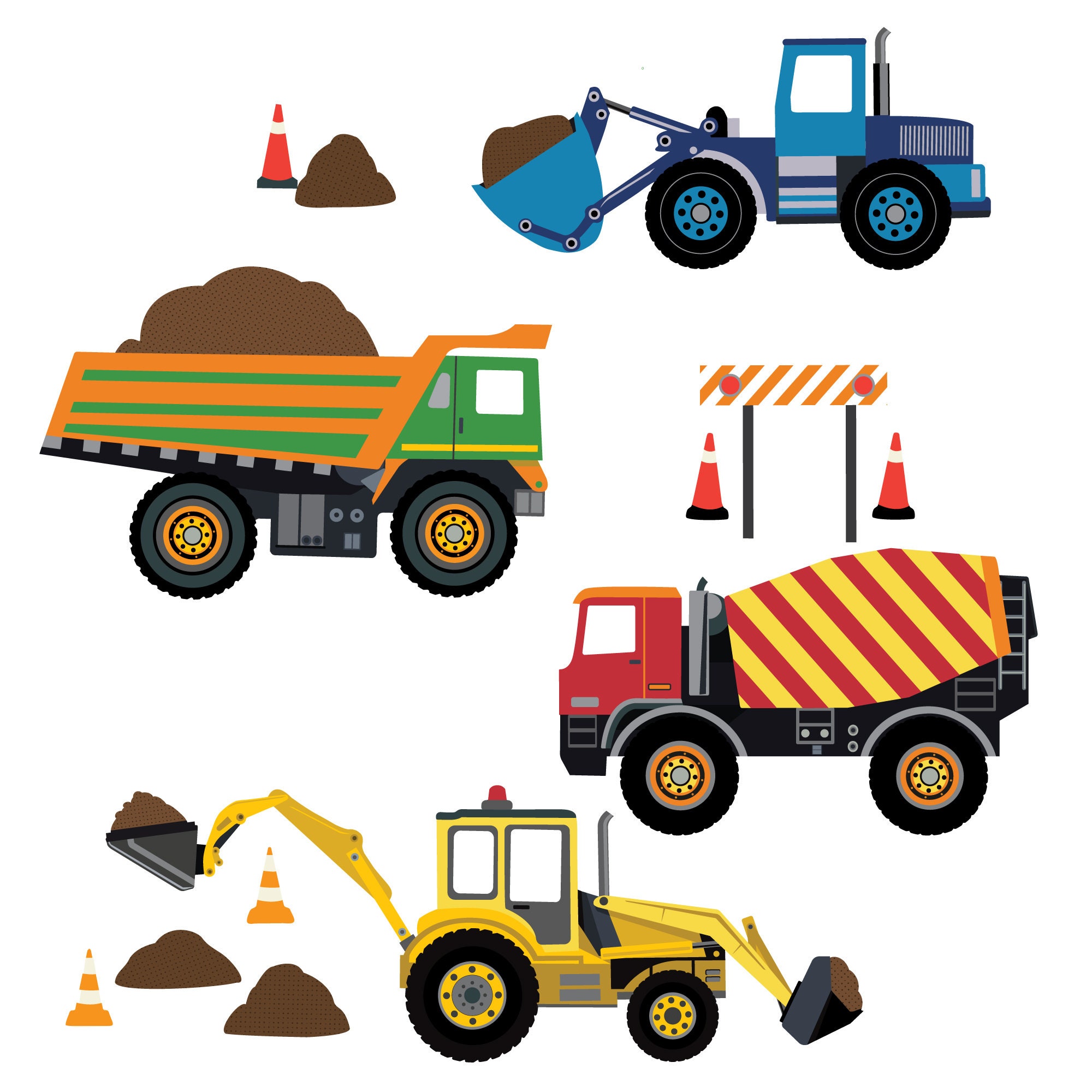 Multicolor Construction Wall Decals Four Construction Vehicles | Etsy