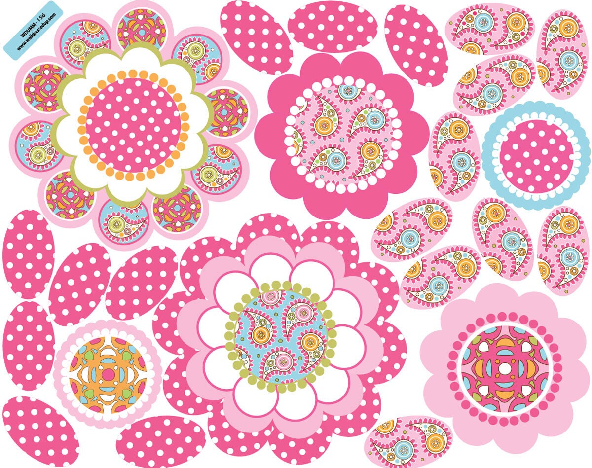 Flower Power Pink Multi Wall Decals With Leaves and Stems (removable ...