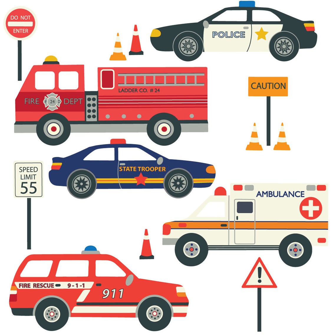 Wall Decals Emergency EMS Vehicles, Removable and Reusable Police Car ...