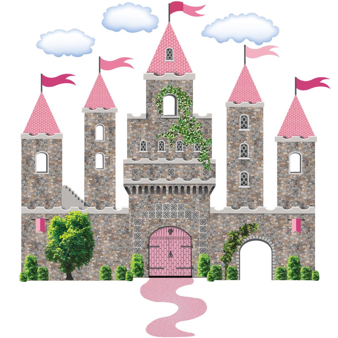 Stone Castle Wall Decal With Pink Flags Fabric Wall Decals, Removable ...