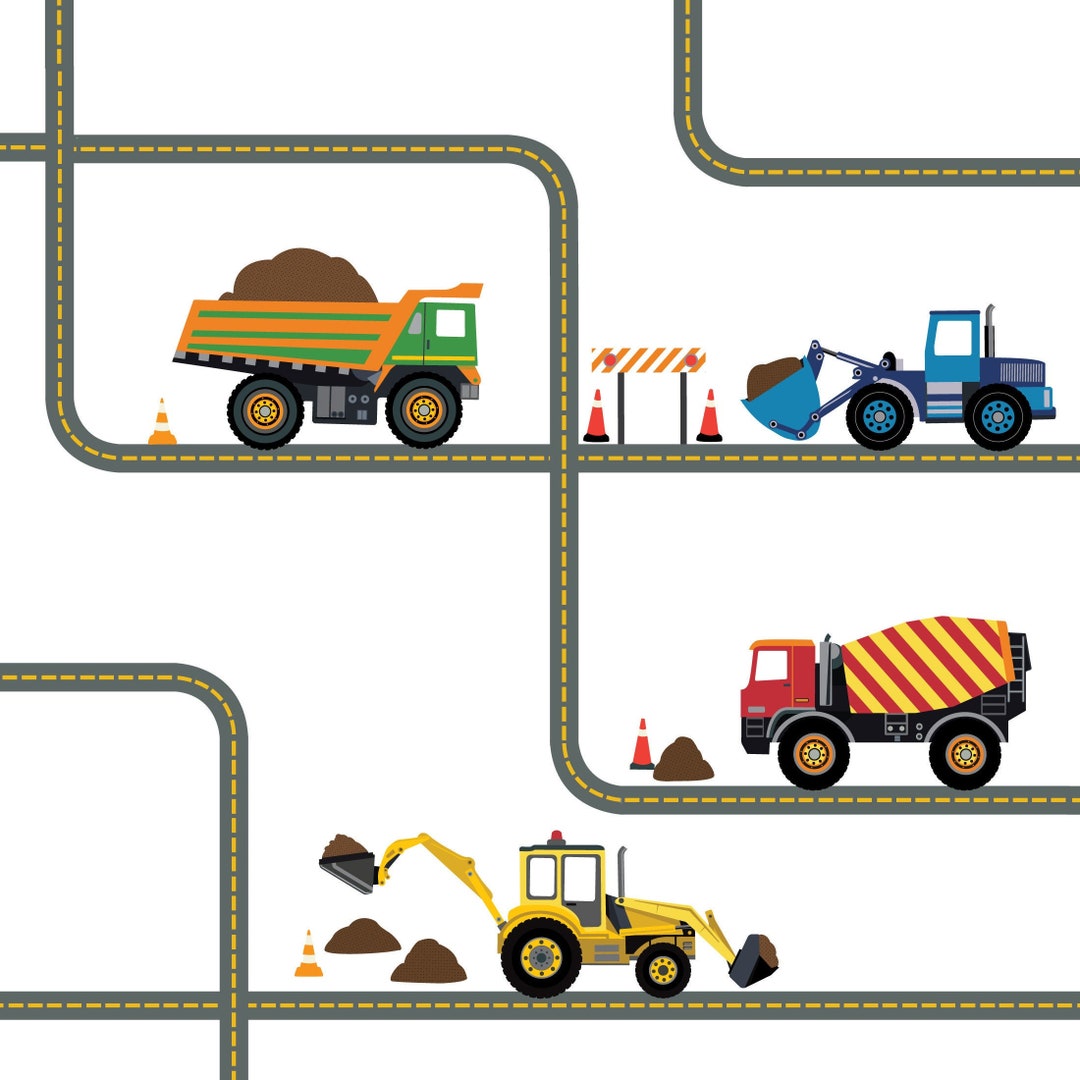 Multicolor Construction Vehicle Wall Decals With Straight and Curved ...