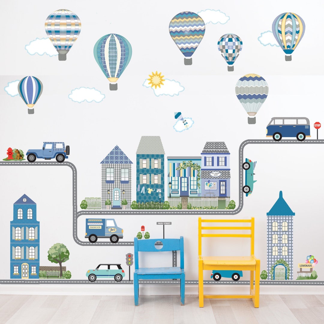 Large Town Wall Decals, Adventure Cars, Hot Air Balloons, Cloud Decals ...