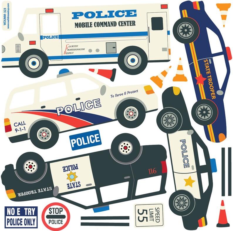 Wall Decals 5 Police Cars Vehicles Wall With Straight & Curved Gray ...