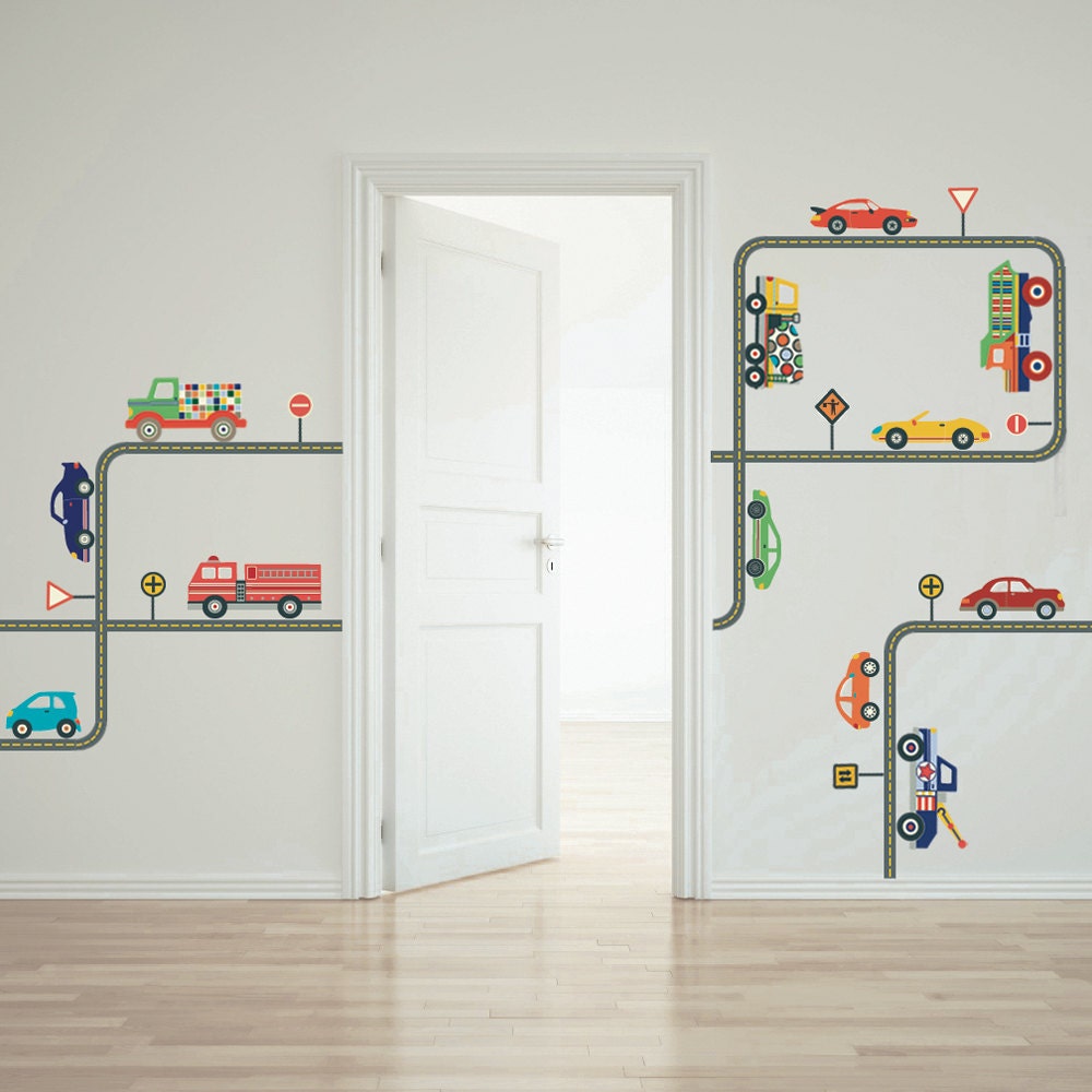 Wall Decals Cars and Trucks With Straight & Curved Gray Road - Etsy