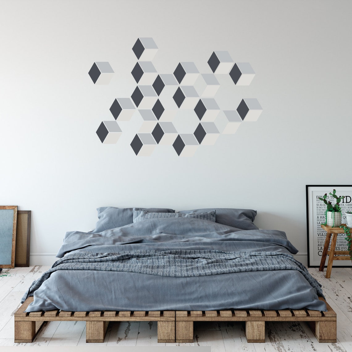 Modern Geometric Wall Decals, Optical Illusion Squares in Gray Tones ...