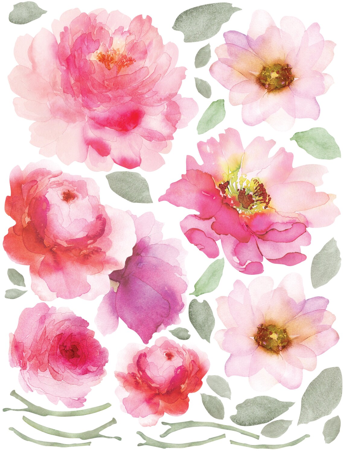 Pink Watercolor Flower Wall Decals, Girls Wall Decals, Eco Friendly ...