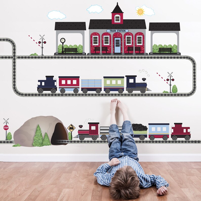 2 Freight Car Train Wall Decal With 2 Straight Railroad Track - Etsy