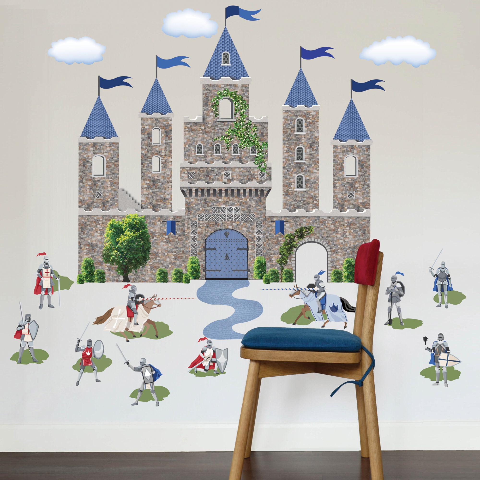 Large Stone Medieval Castle Wall Decal With Blue Flags Wall Decals ...