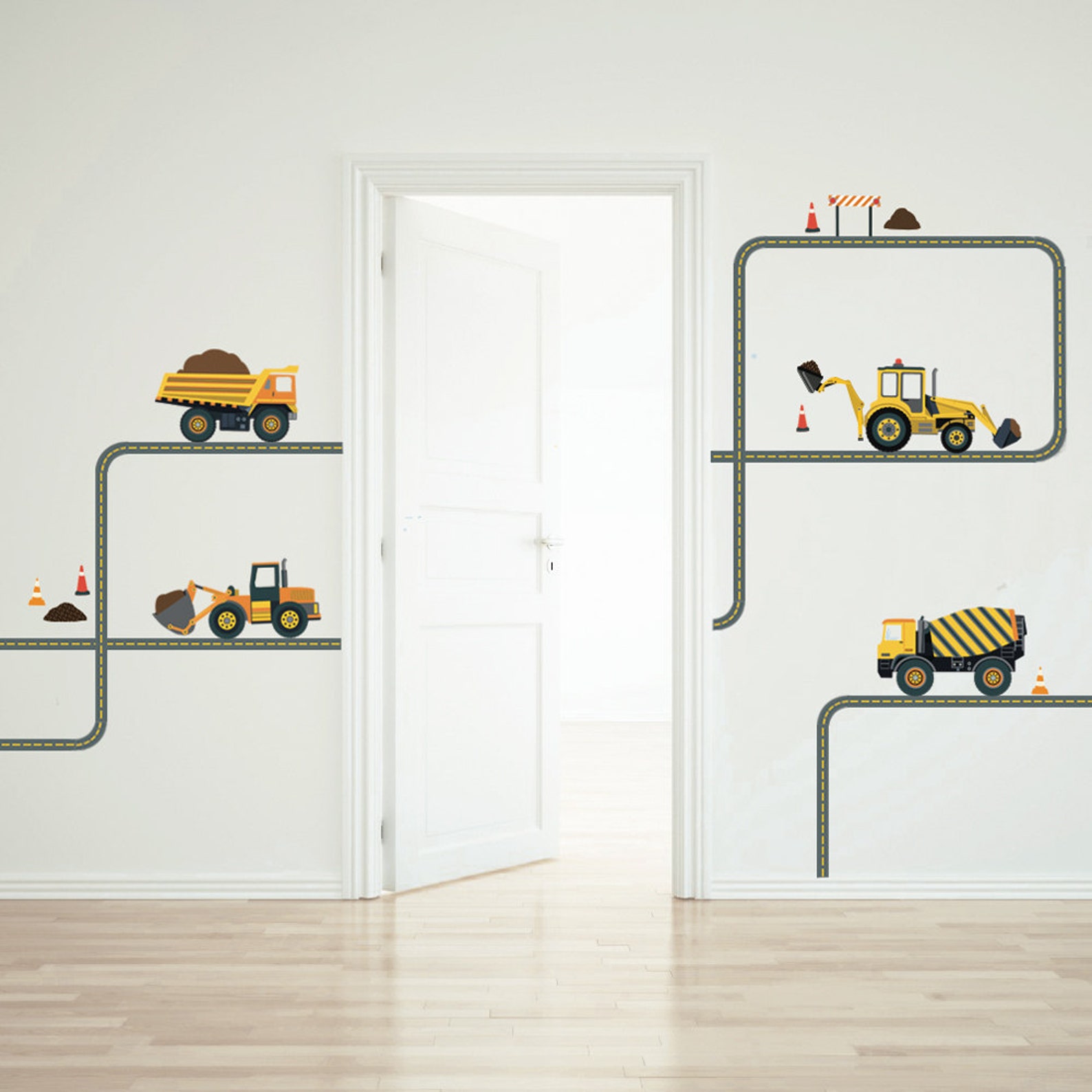 Wall Decals, Construction Vehicles With Straight and Curved Gray Road ...