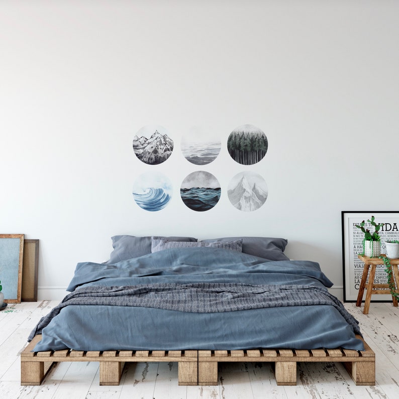 Forest Ocean Mountains Watercolor Art Decals Six 12" Round Fabric Wall ...
