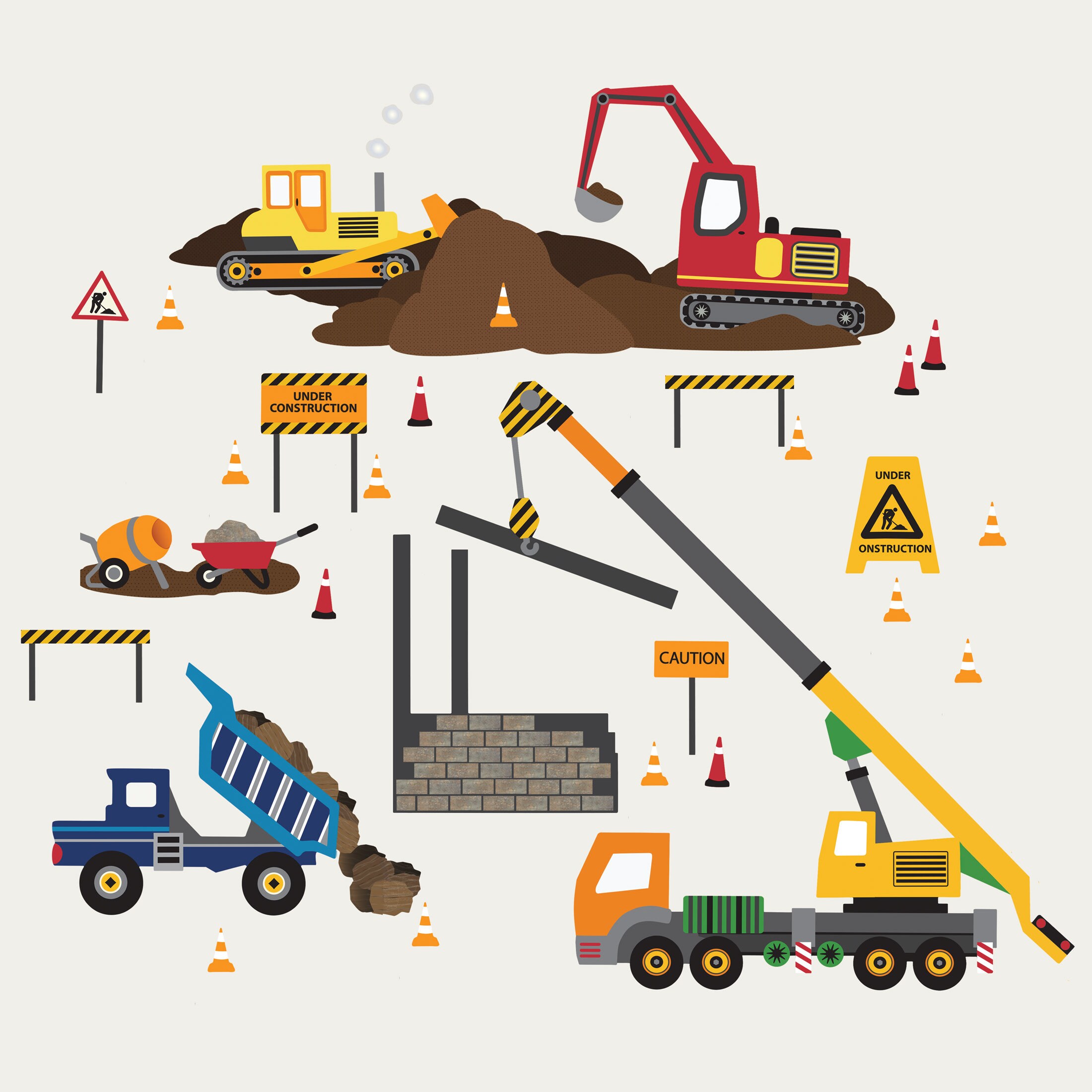 Multicolor Construction Site Trucks & Construction Vehicle Wall Decals ...