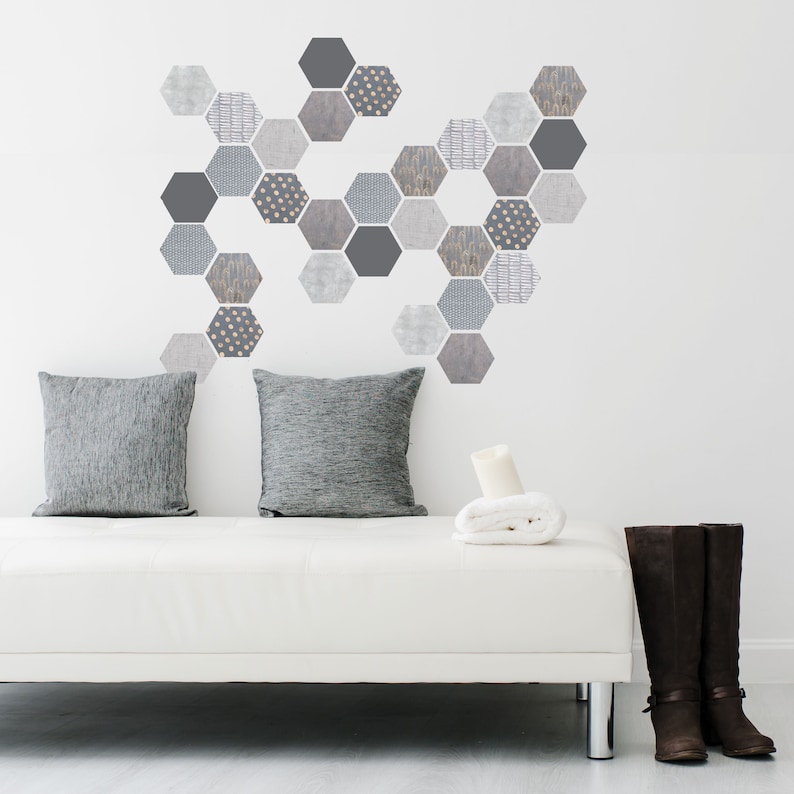 Hexagon Wall Decals 32 Mod Gray Textured Hexagon Decals, Peel and Stick ...